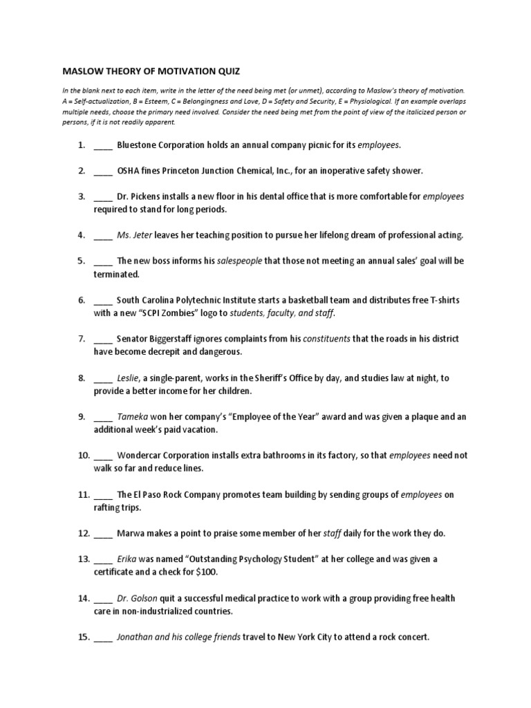 Maslow Motivation Theory Quiz | PDF | Motivation | Motivational