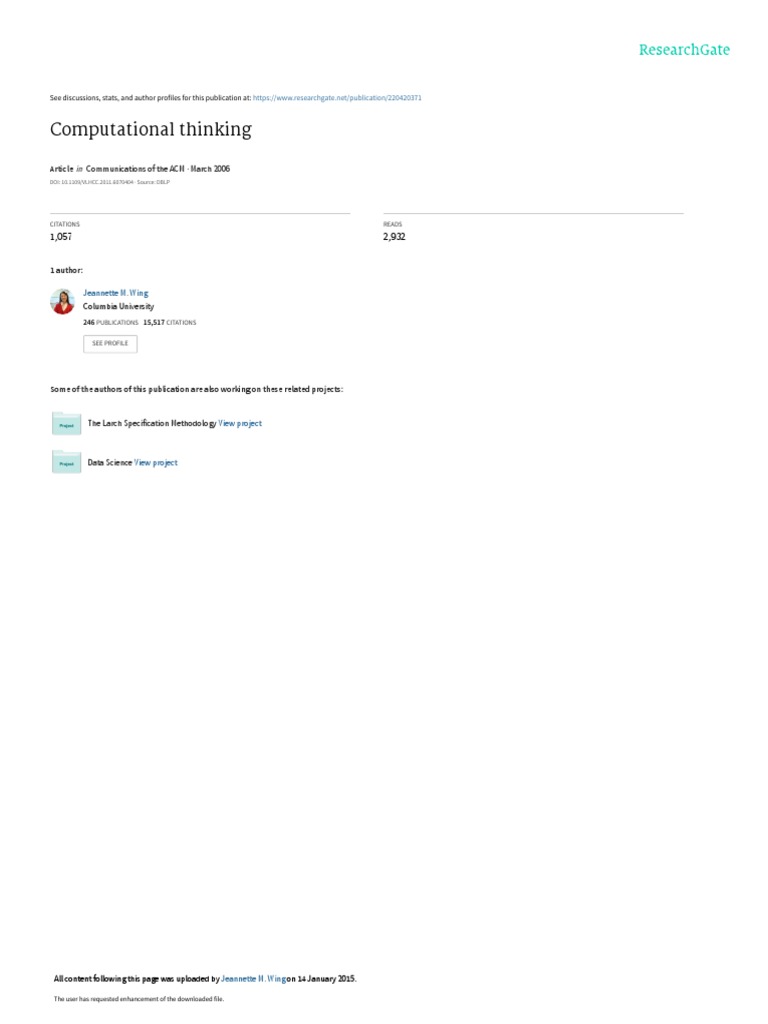 Computational Thinking Communications Of The Acm March 2006 Pdf