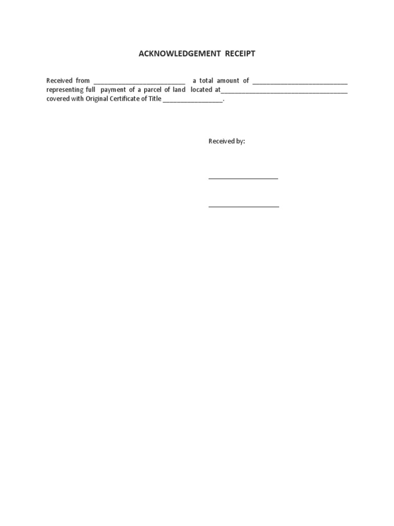Acknowledgement Receipt for Full Payment and Transfer of Ownership of ...