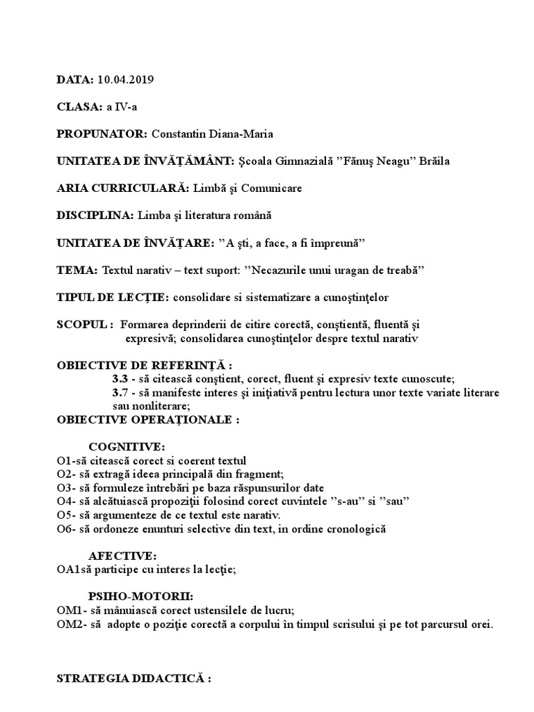 Proiect de Lectie ROMANA | PDF