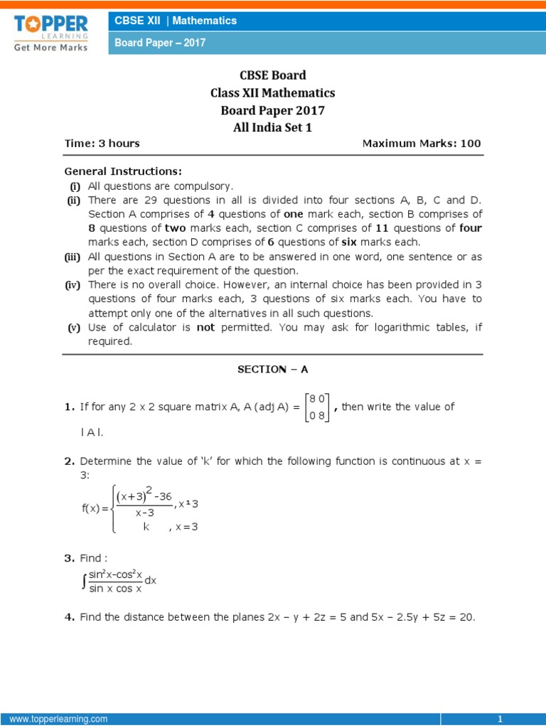 CBSE Board Class XII Mathematics Board Paper 2017 All India Set 1 | PDF ...