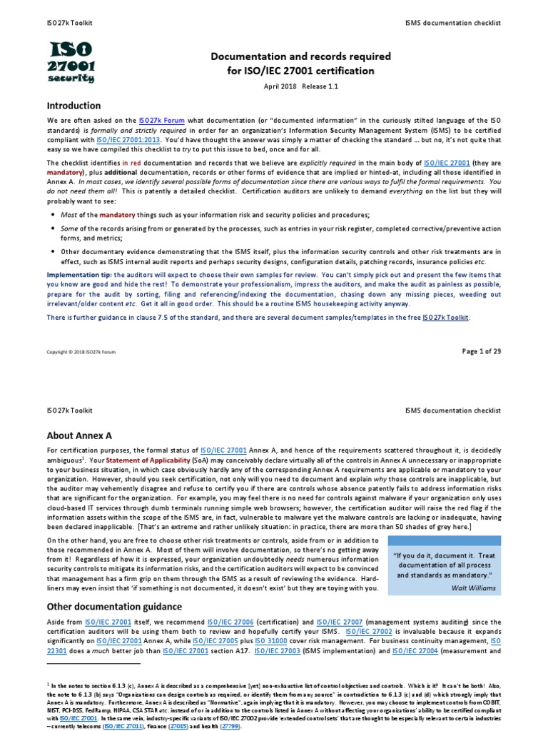 ISO27k ISMS Mandatory Documentation Checklist Release 1v1 | PDF | Information Security | Risk ...