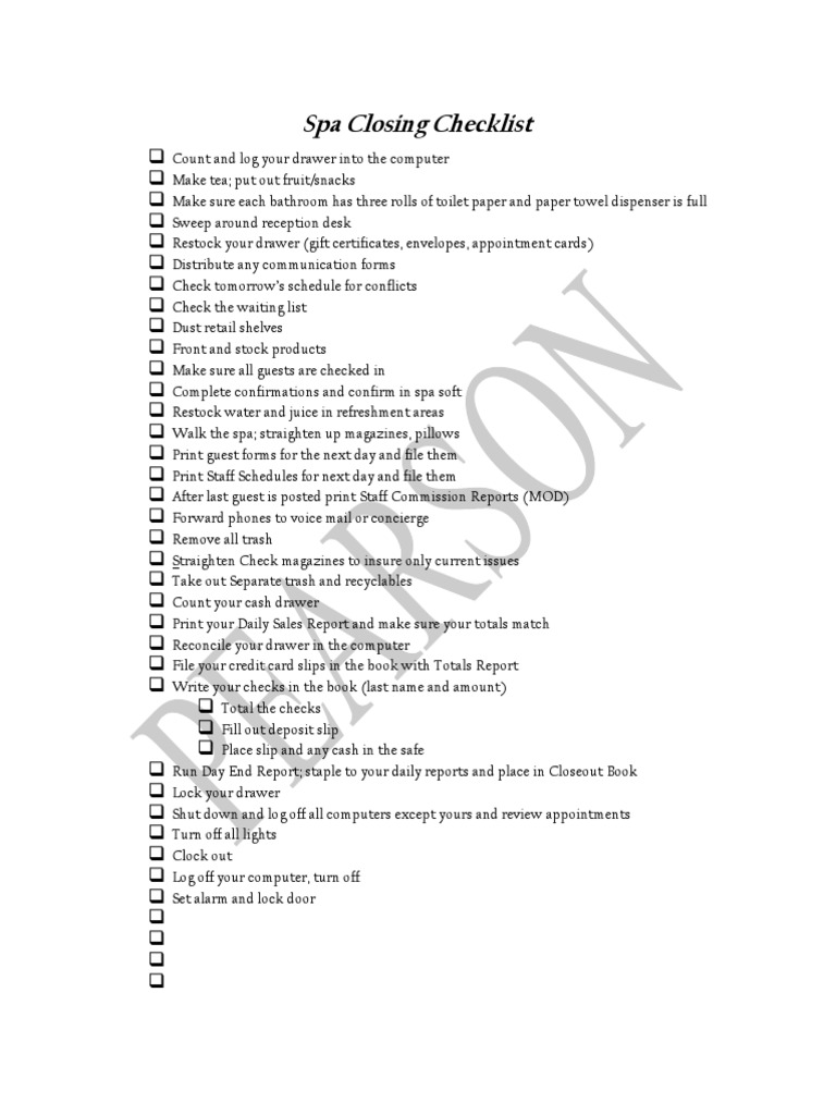 SOP Spa Closing Checklist | PDF