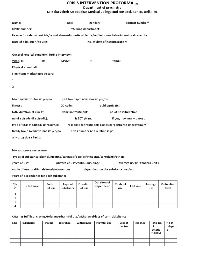 Crisis Intervention Proforma | PDF | Substance Abuse | Substance Dependence