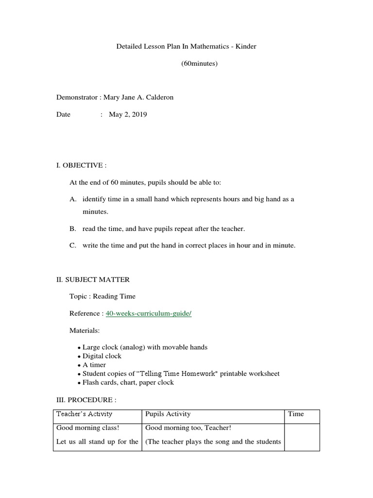 Kindergarten Lesson Plan: Telling Time | PDF | Clock | Lesson Plan