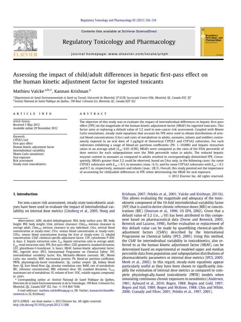 Regulatory Toxicology and Pharmacology: Mathieu Valcke, Kannan Krishnan ...