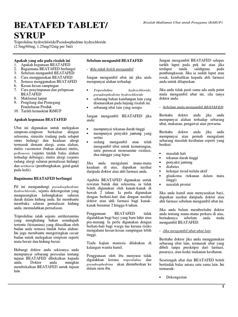 Beatafed Tablet & Syrup 2.5,60mg & 1.25,32mg (Triprolidine ...