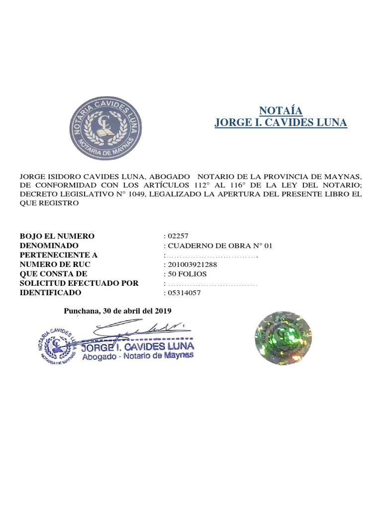 Legalizacion de Cuaderno de Obra | PDF