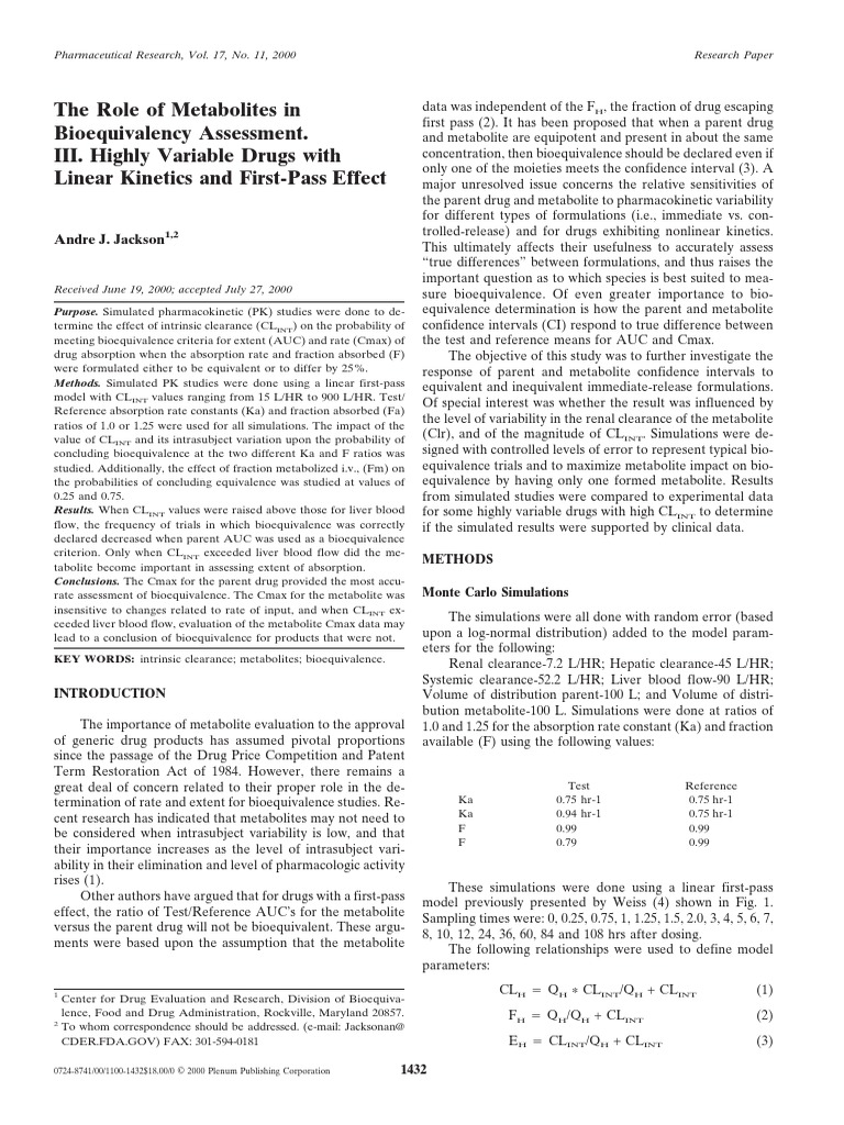 The Role of Metabolites in Bioequivalency Assessment. III. Highly ...
