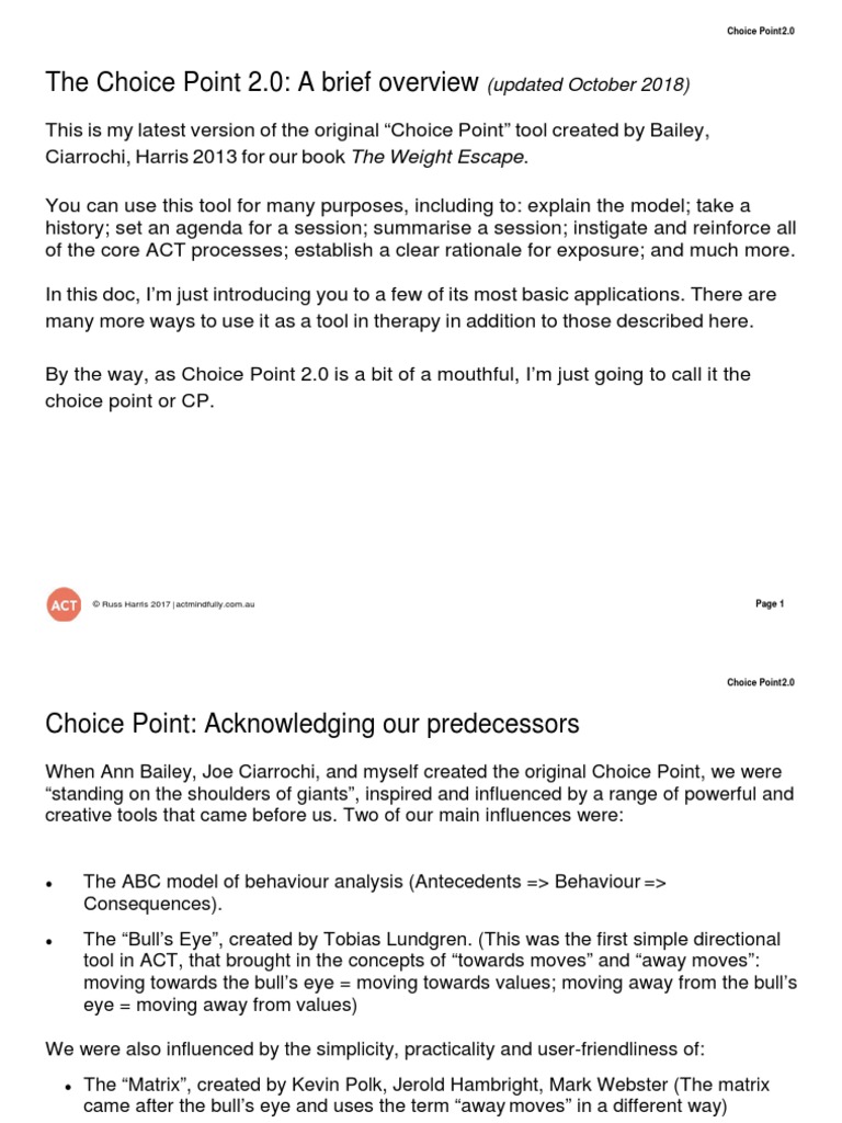 Choice Point 2.0 An Overview Russ Harris Updated October 2018 PDF | PDF ...
