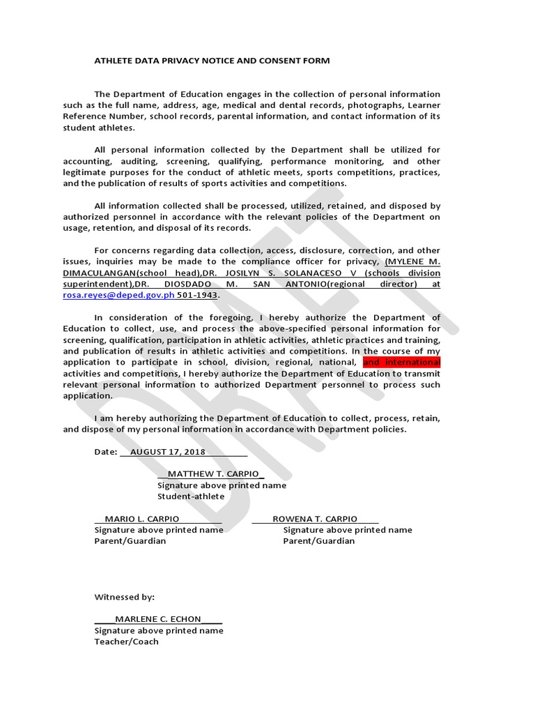 Athlete Data Privacy Notice and Consent Form: Rosa - Reyes@deped - Gov ...