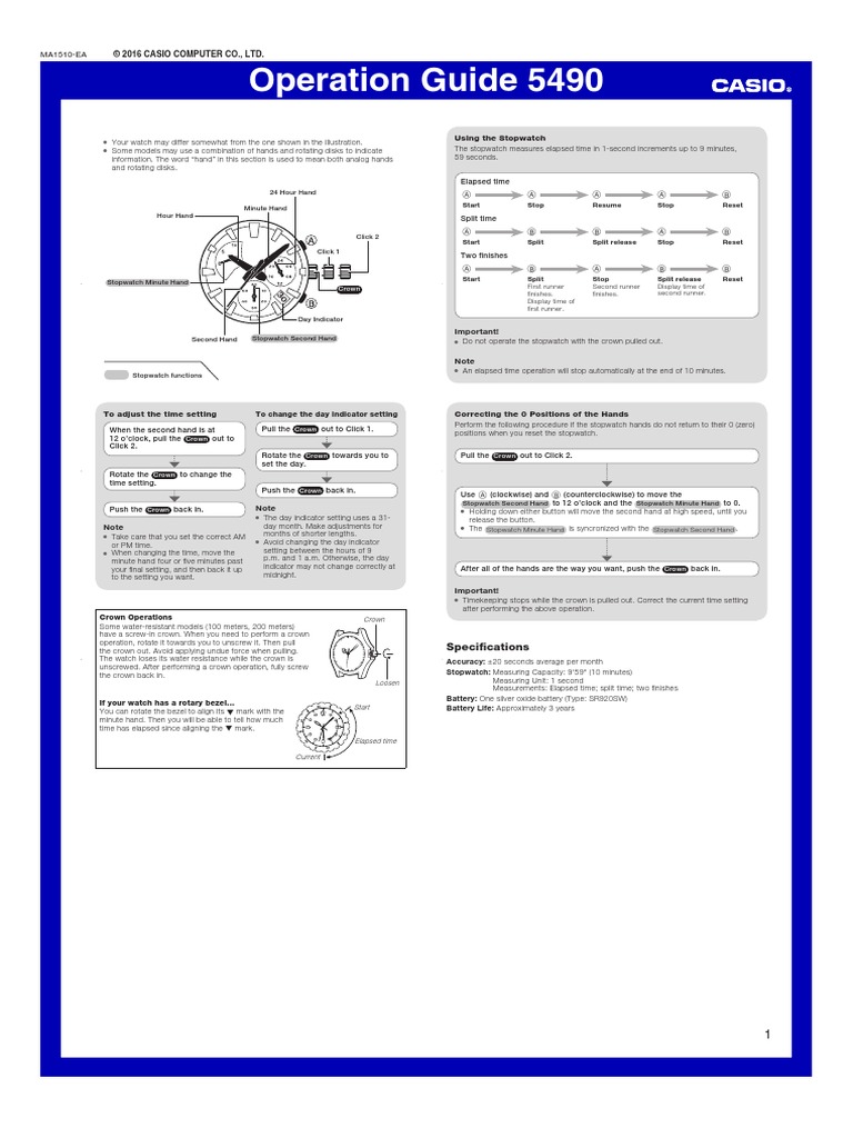 Operation Guide 5490: © 2016 Casio Computer Co., LTD | PDF | Clock | Time