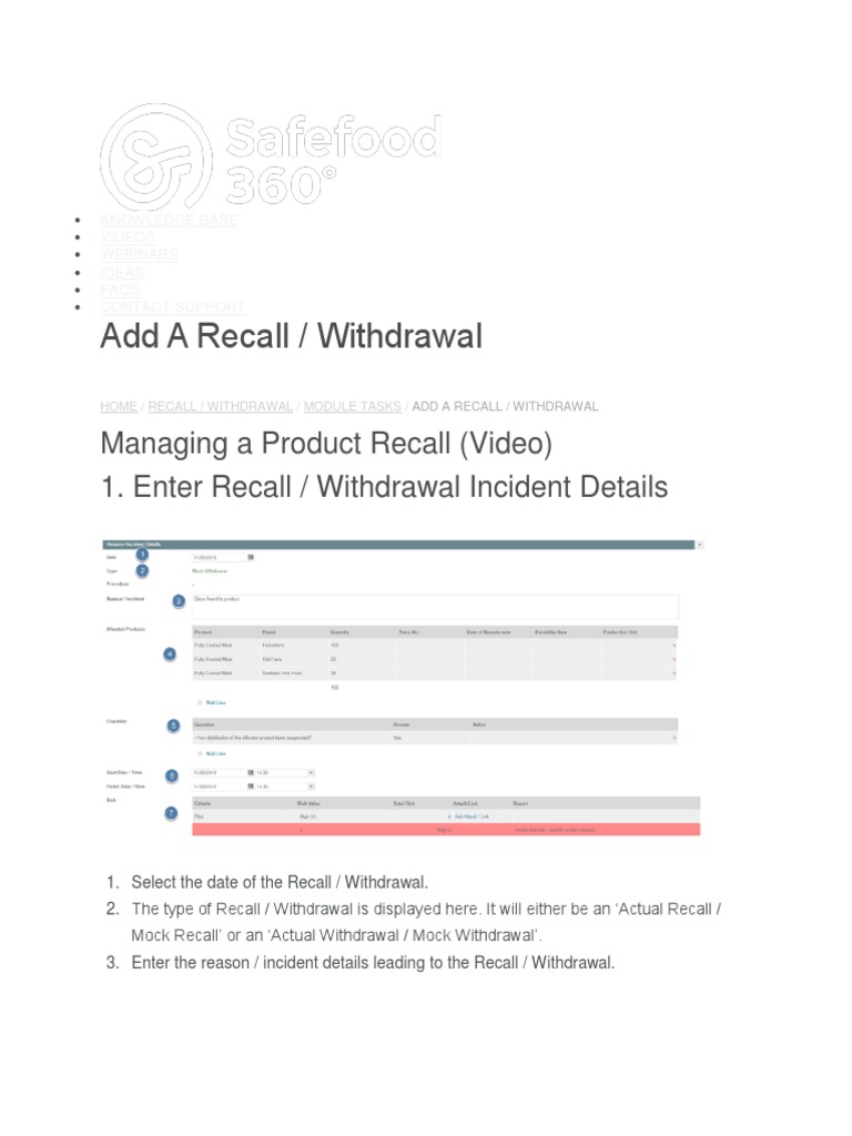 Managing A Product Recall (Video) 1. Enter Recall / Withdrawal Incident ...