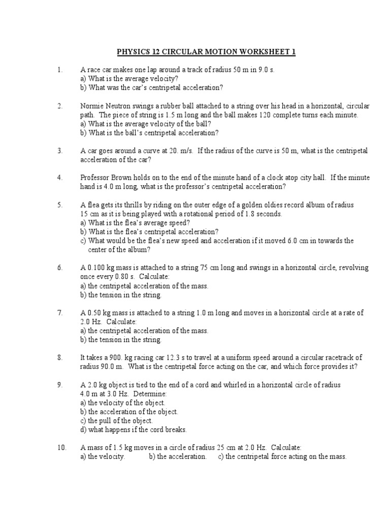 Circular Motion Exercises Worksheet | PDF | Acceleration | Speed