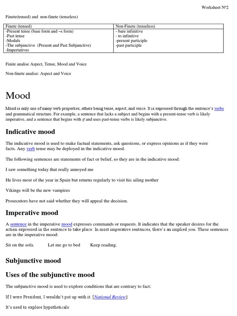 Worksheet No2 Verb Moods and Tenses | PDF | Grammatical Tense | Verb