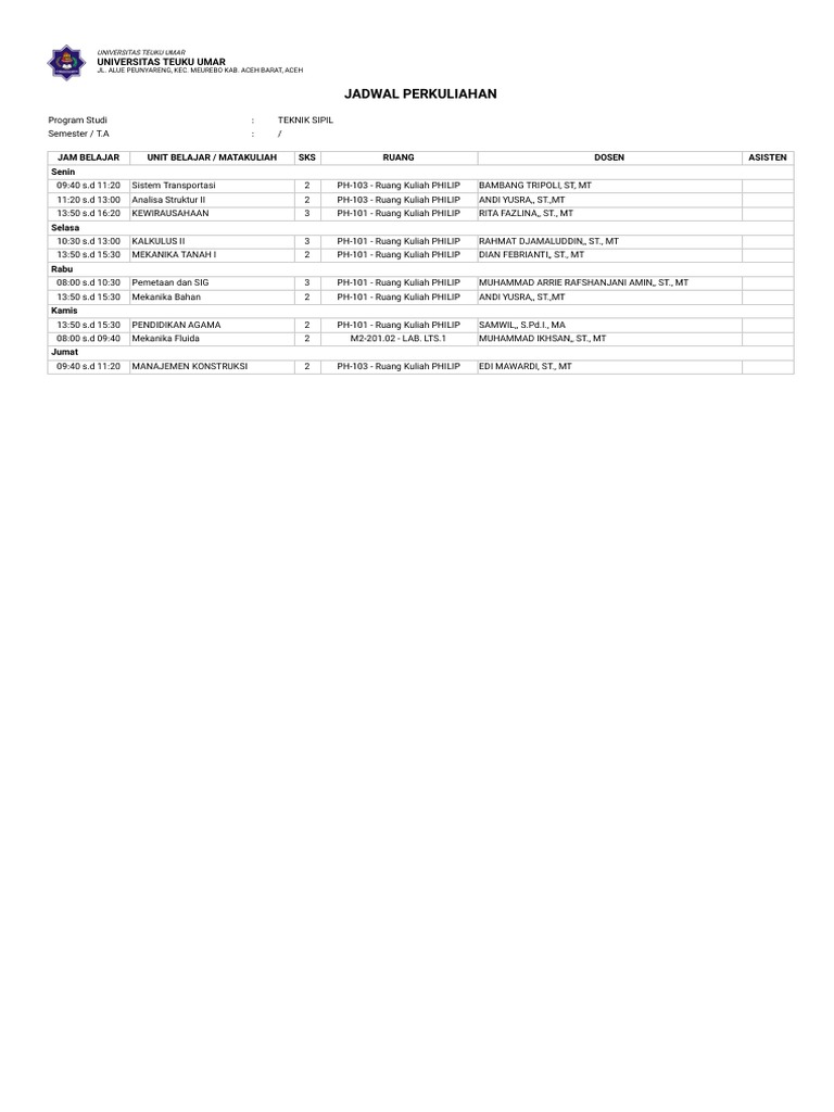 Roster Small Jadwal Perkuliahan Small | PDF