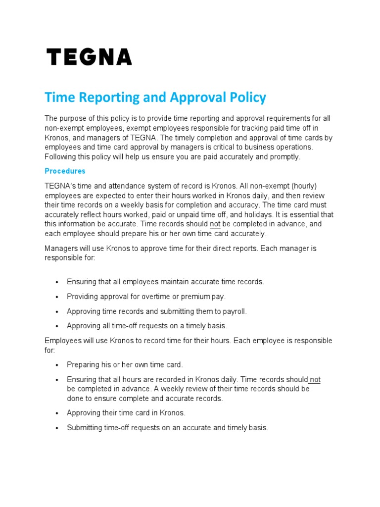 TEGNA Time Reporting Policy 2019 | PDF | Payroll | Overtime
