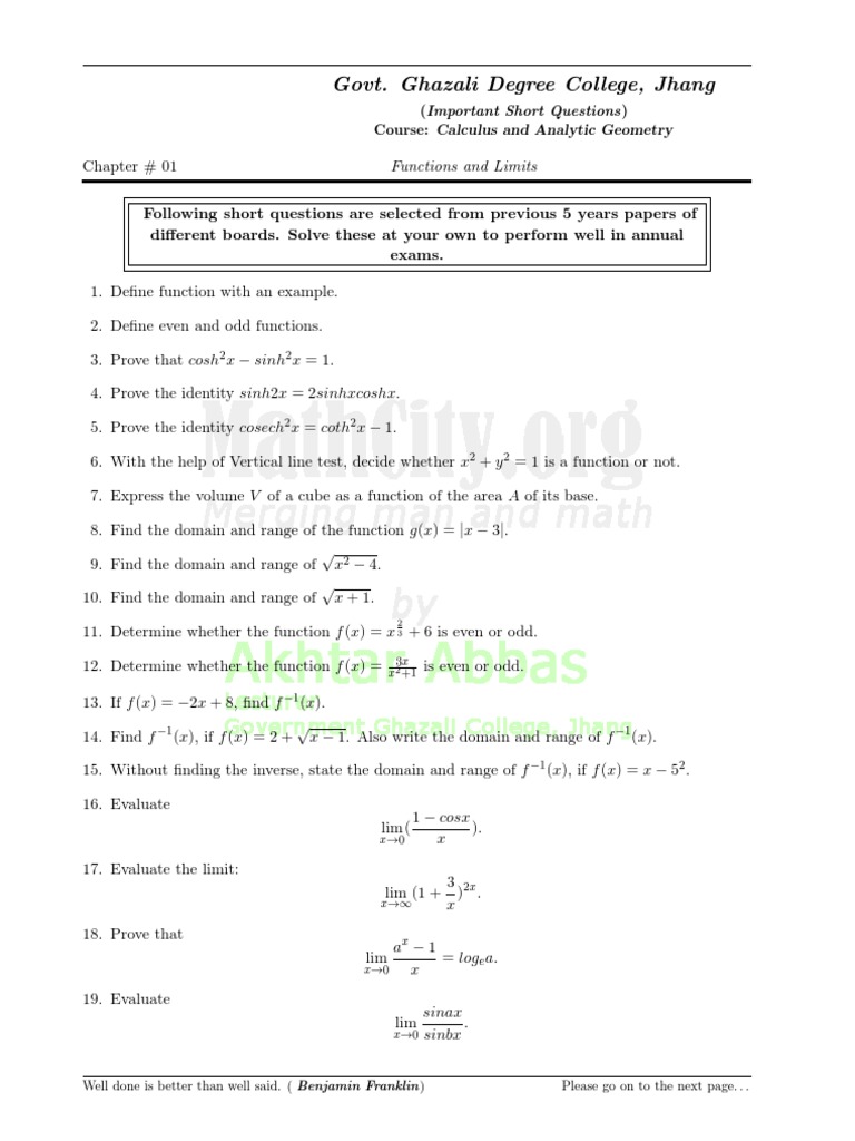 Essential Calculus Concepts: A Collection of Short Questions on Functions, Limits, and ...