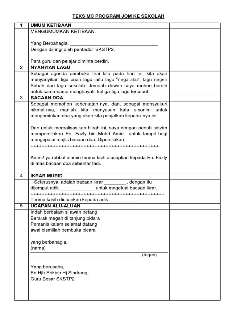 Teks MC Program Jom Ke Sekolah | PDF