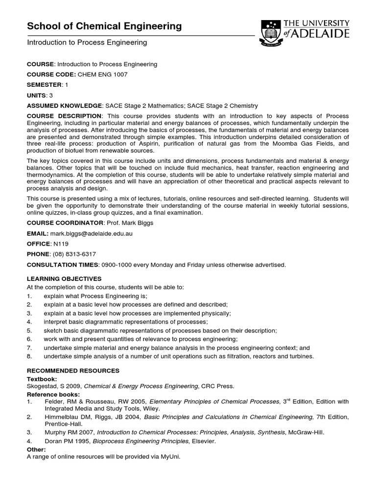 2013 - CHEM ENG 1007 - Intro To Process Engineering | PDF | Heat | Gases