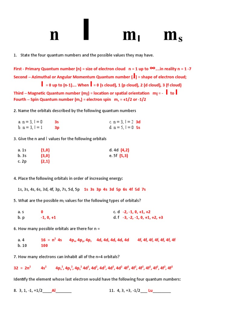 1.5.1-Quantum Numbers Worksheet Key | PDF | Atomic Orbital | Quantum ...