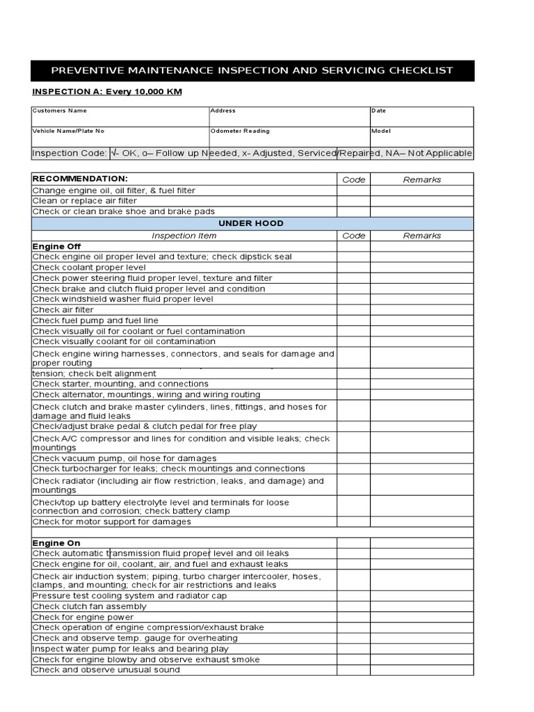 Preventive Maintenance Inspection and Servicing Checklist | PDF | Brake ...