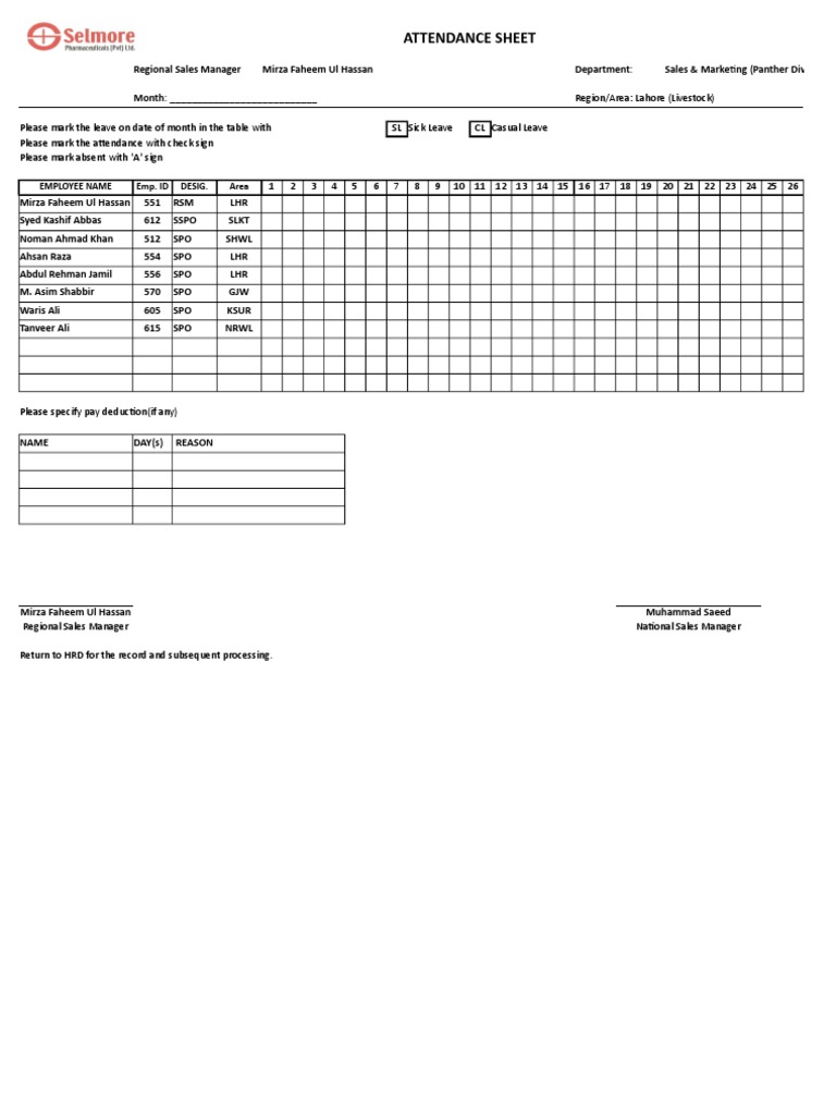 Attendance Sheet: Employee Name Emp. ID Desig. Area | PDF