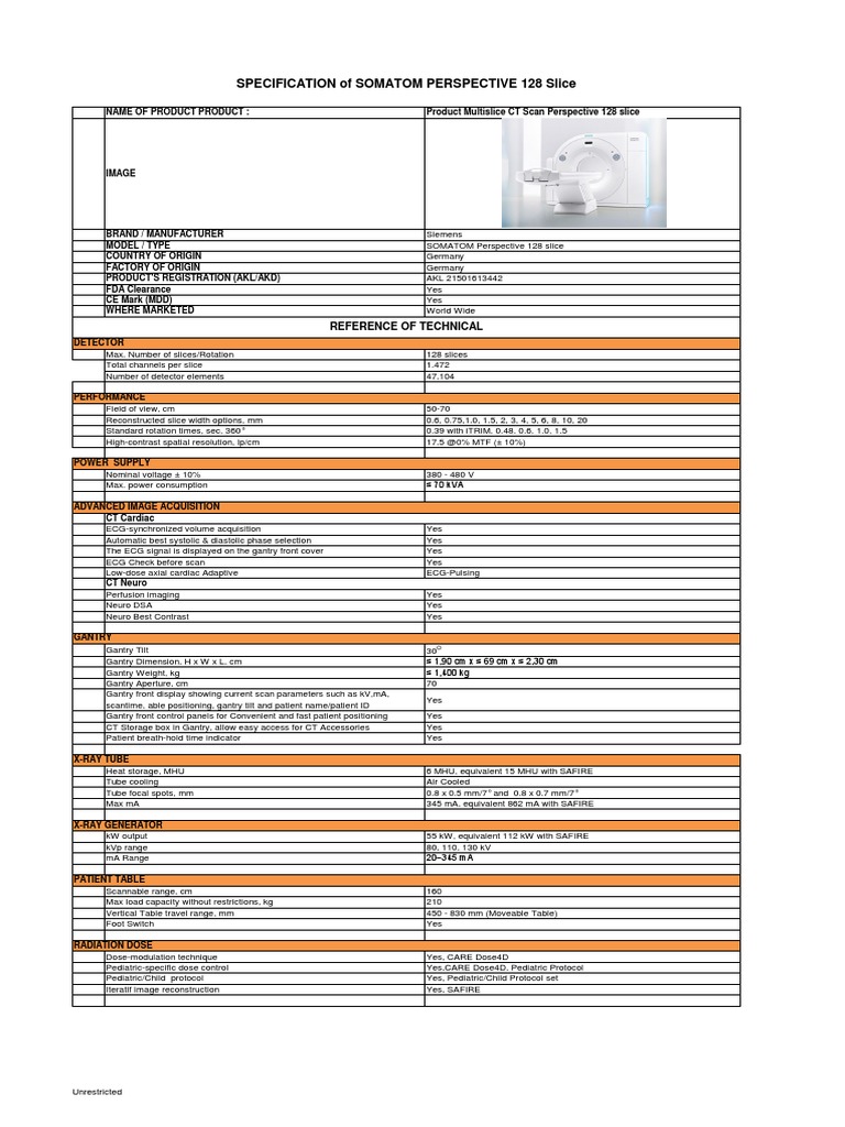 Spesifikasi SOMATOM Perspective 128 PDF | PDF | Ct Scan | Image Scanner