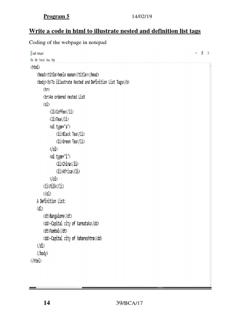 Write A Code in HTML To Illustrate Nested and Definition List Tags ...