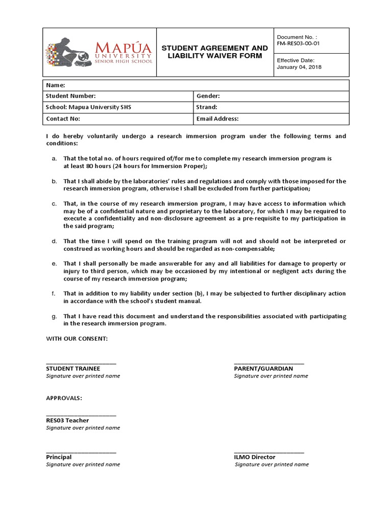STEM - Student Agreement and Liability Waiver Form PDF | PDF ...