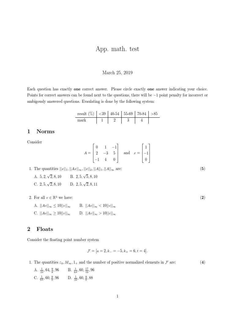 App. Math. Test: 1 Norms | PDF | Determinant | Analysis