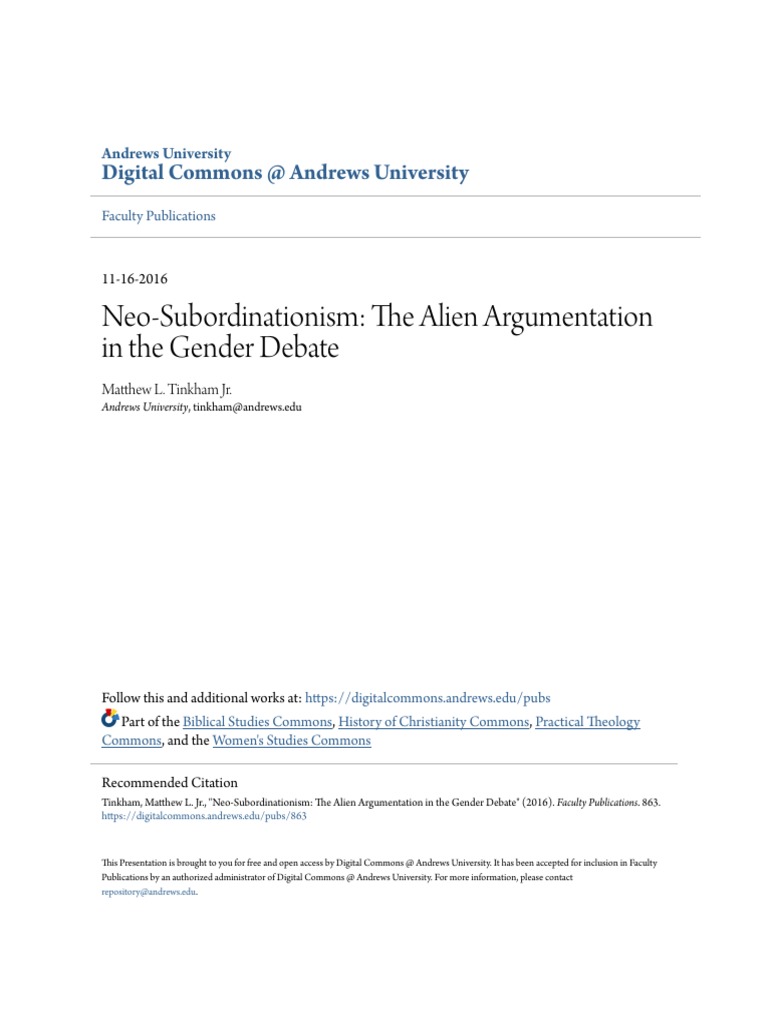 Neo-Subordinationism The Alien Argumentation in The Gender Debate PDF ...