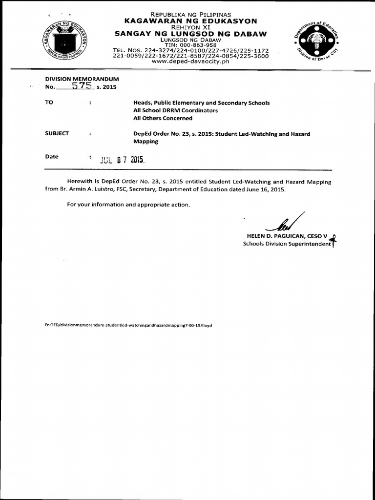 2015-Dm No. 575 - Deped Order No. 23 S. 2015 Student Led-Eatching and ...