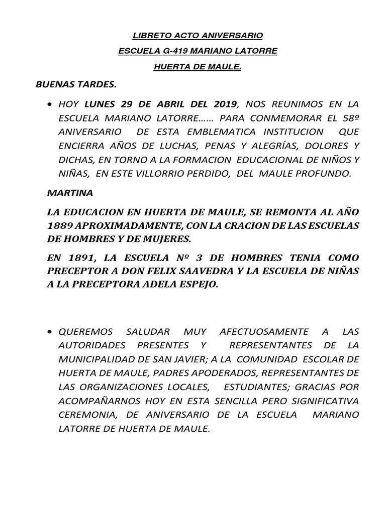 Libreto Acto Aniversario 2019 | PDF