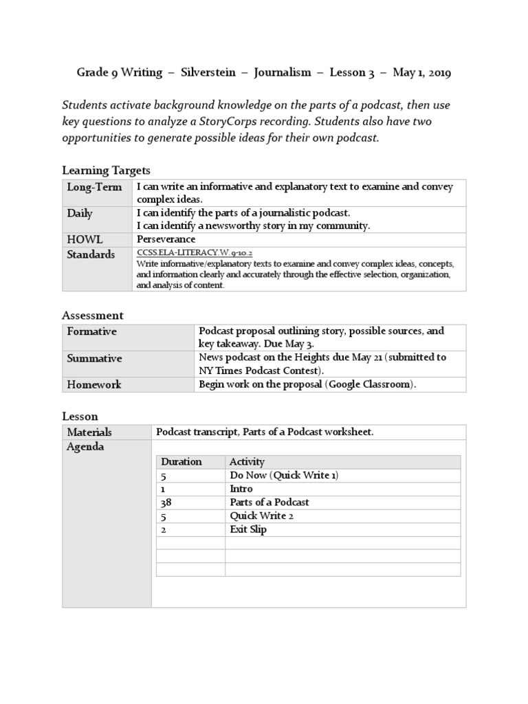 Grade 9 Writing Silverstein Journalism Lesson 3 May 1, 2019: Long-Term ...