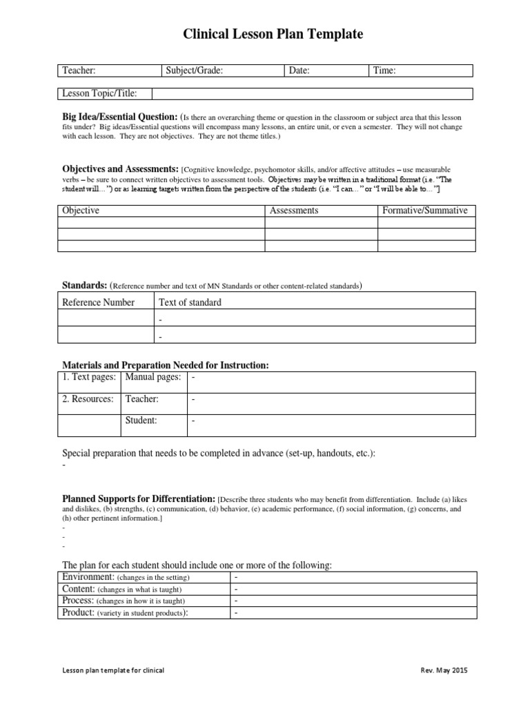 Clinical Lesson Plan Template | PDF | Lesson Plan | Applied Psychology