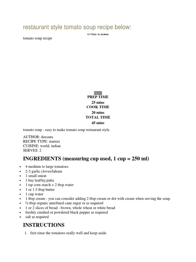 Restaurant-Style Tomato Soup Recipe | PDF | Breads | Soup