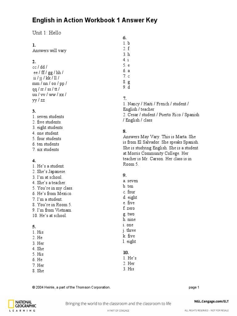 English in Action Workbook 1 Answer Key: Unit 1: Hello | PDF | Common ...