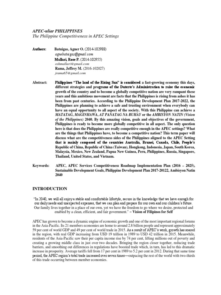 The Philippine Competitiveness in APEC Settings | PDF | Asia Pacific ...