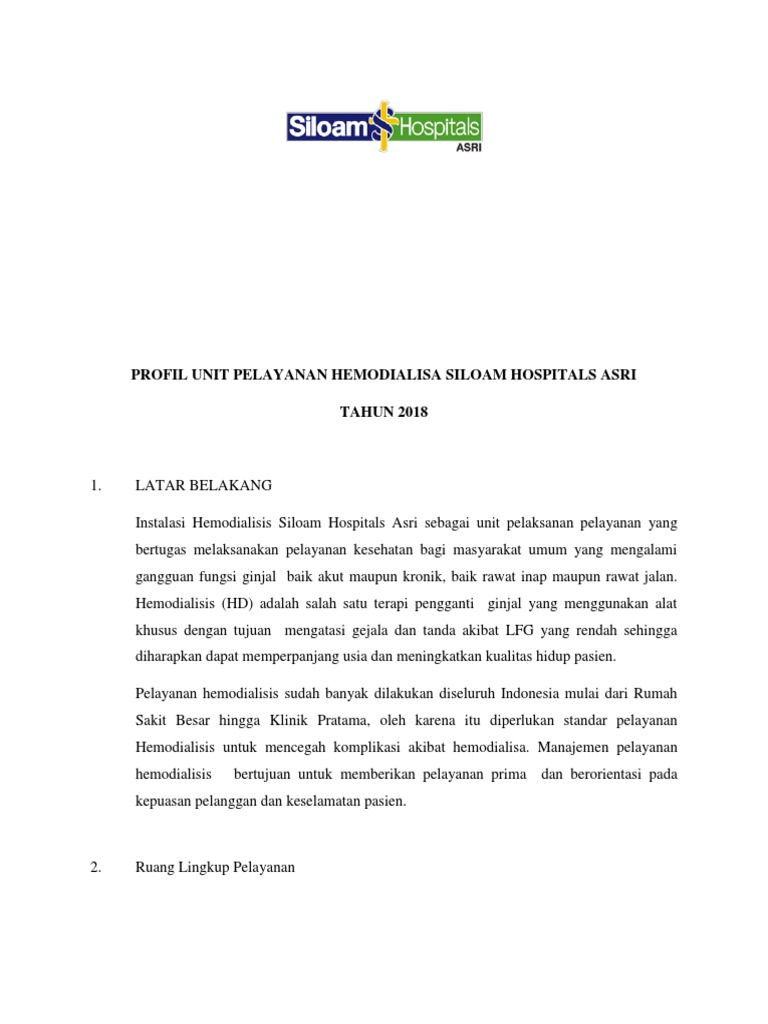 Profil Unit Pelayanan Hemodialisa Siloam Hospitals Asri | PDF Profil Unit Pelayanan Hemodialisa Siloam Hospitals Asri | PDF