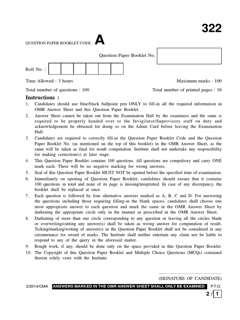 Instructions:: Question Paper Booklet No | Dividend | Cost