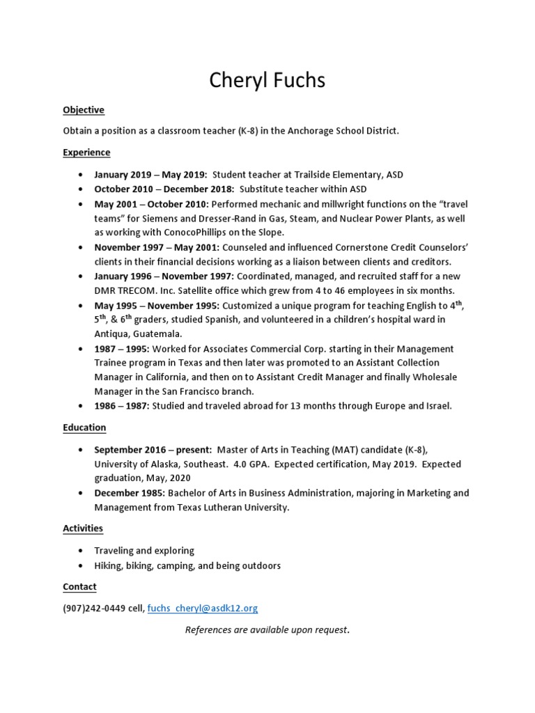 Resume of Cheryl Fuchs | PDF | Teachers