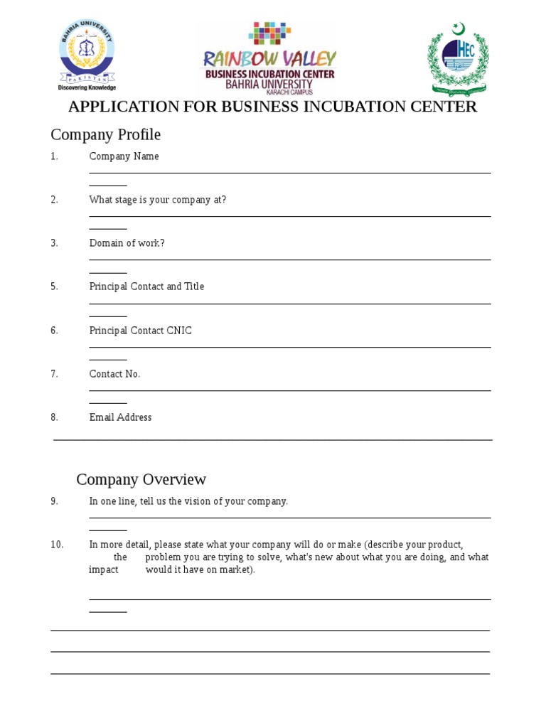 Business Incubation Application Form | PDF | Startup Company | Small ...