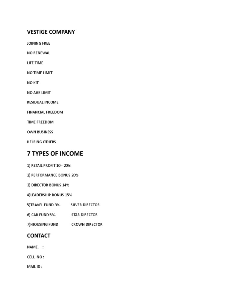 Vestige Company: 7 Types of Income | PDF