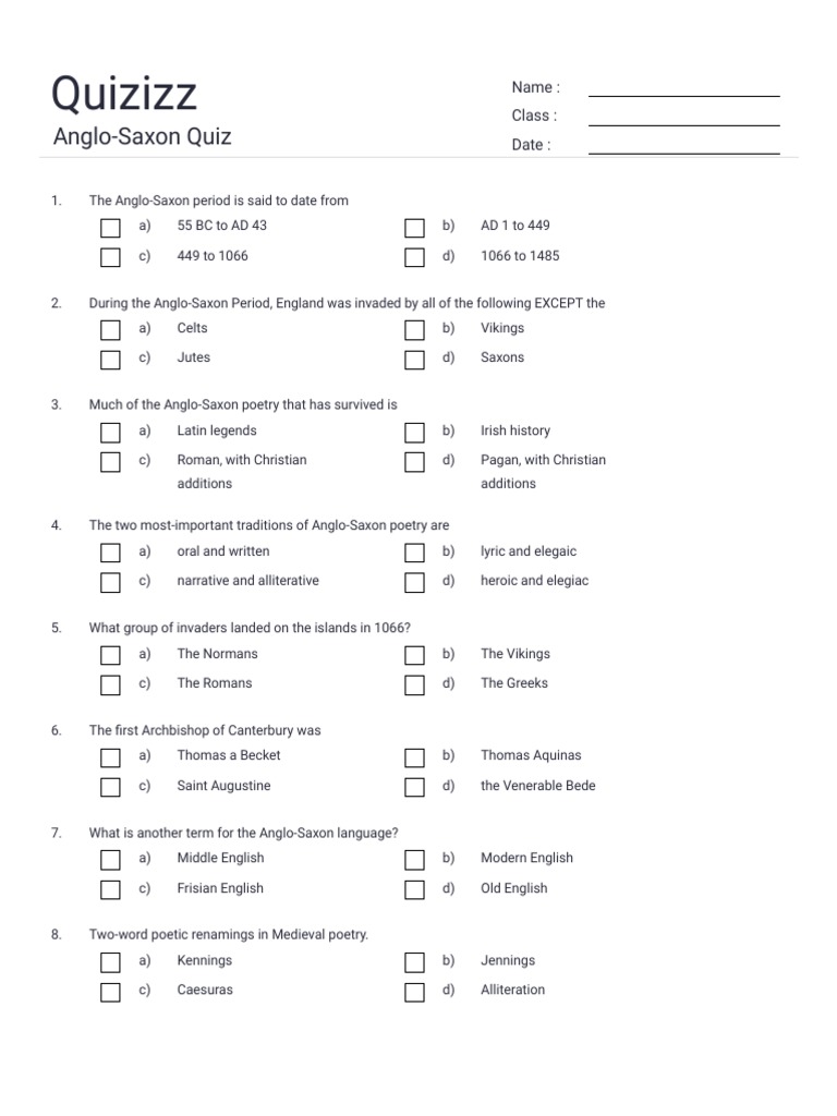 Anglo-Saxon Quiz - Print - Quizizz | PDF | Polytheism | Paganism