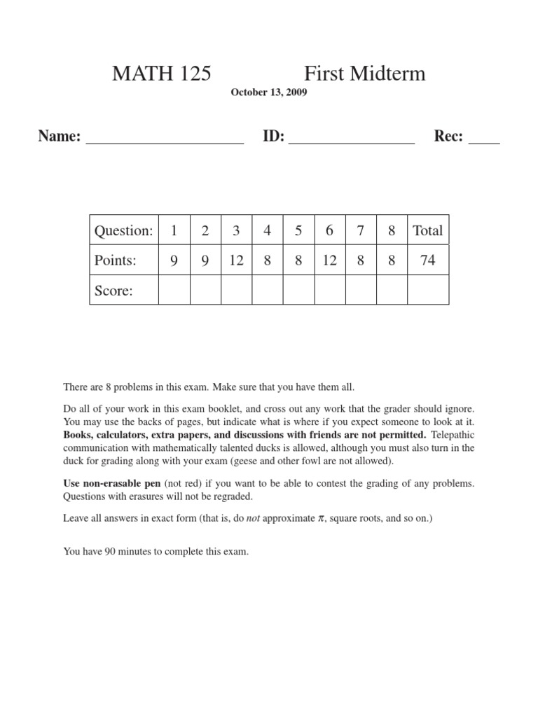 MATH 125 First Midterm: Name: ID: Rec | PDF | Tangent | Teaching ...