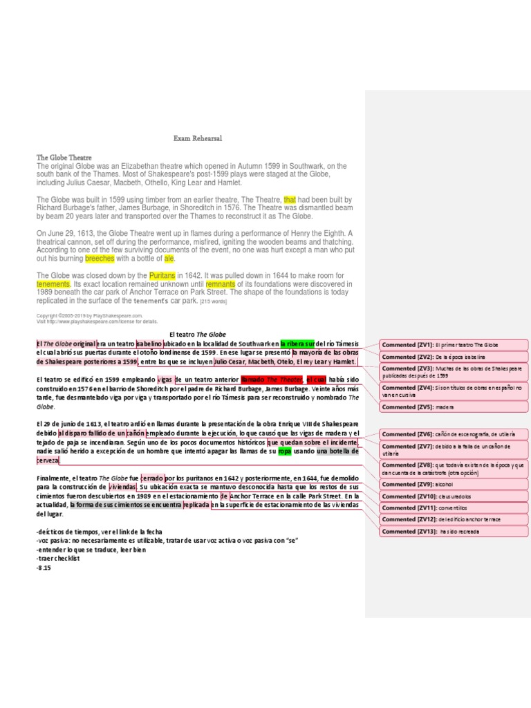 Exam Rehearsal The Globe Theatre | PDF | William Shakespeare | English ...