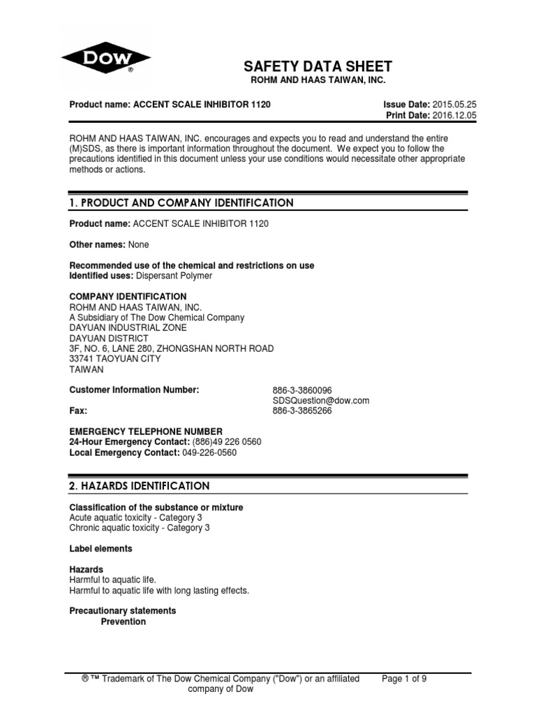 Safety Data Sheet: 1. Product and Company Identification | PDF ...