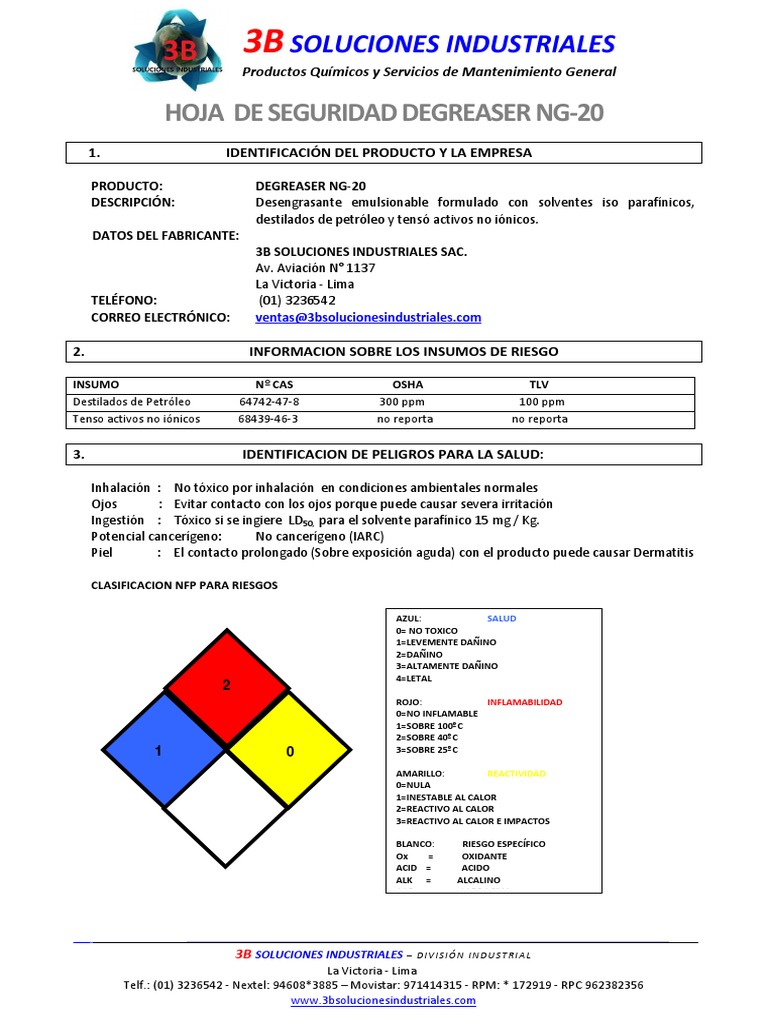 001 Msds - Degreaser NG 20 | PDF | Solvente | Agua