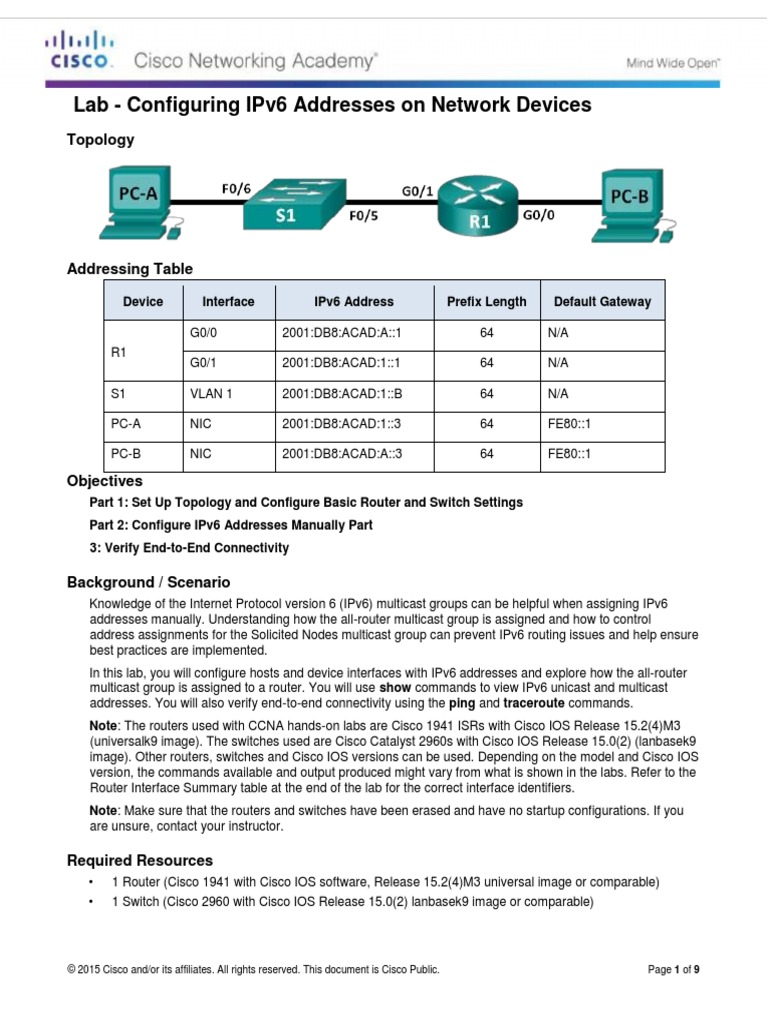 7.2.5.4 Lab - Configuring IPv6 Addresses On Network Devices | PDF | I Pv6 | Networks